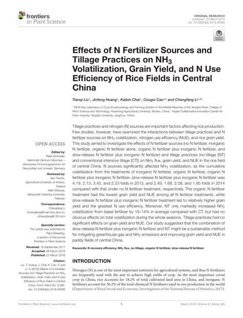 Pdf Effects Of N Fertilizer Sources And Tillage Practices On Nh3 Volatilization Grain Yield