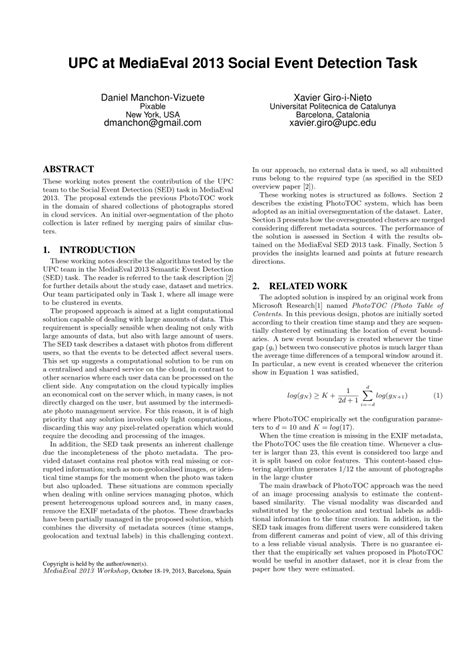 Pdf Upc At Mediaeval 2013 Social Event Detection Task