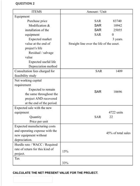 Solved QUESTION CALCULATE THE NET PRESENT VALUE FOR THE Chegg