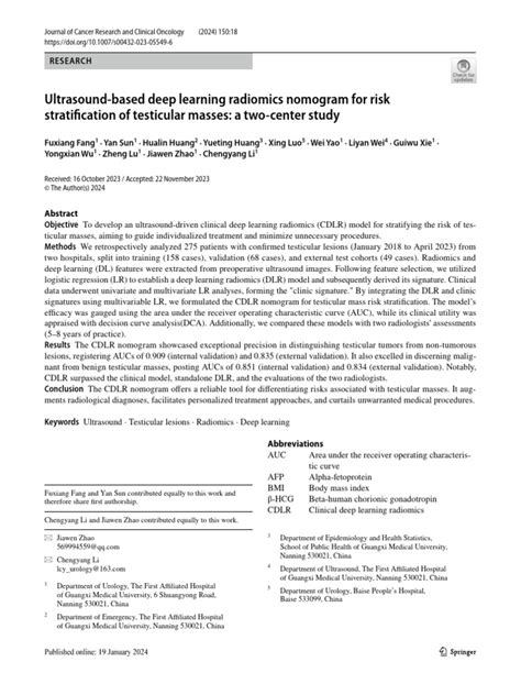 Ultrasound Based Deep Learning Radiomics Nomogram For Risk Stratification Of Testicular Masses