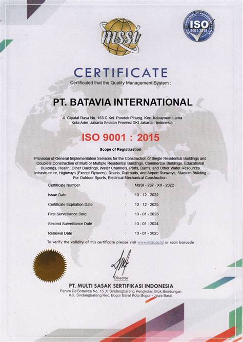 Pt Batavia International Iso 9001 Mssi Certification