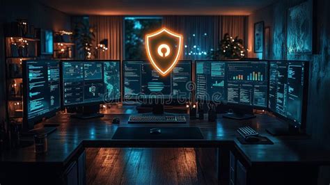 Cybersecurity Command Center With Multiple Monitors And Neon Security