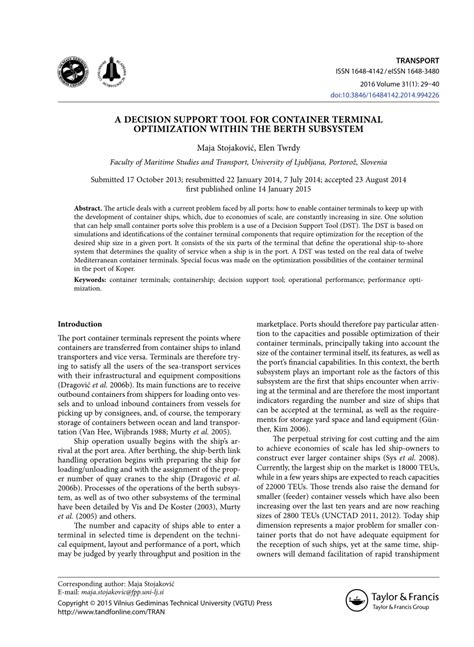 Pdf A Decision Support Tool For Container Terminal Optimization Within The Berth Subsystem