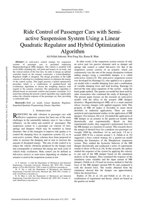 Pdf Ride Control Of Passenger Cars With Semiactive Suspension System Using A Linear Quadratic