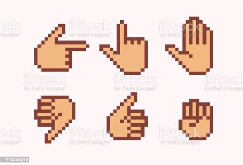 손 커서 픽셀 아트 세트 손 제스처 컬렉션입니다 엄지 손가락 위 아래 멈추고 치십시오 8 비트 스프라이트 픽셀 아트에 대한 스톡 벡터 아트 및 기타 이미지 Istock