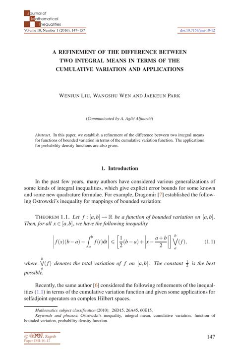 Pdf A Refinement Of The Difference Between Two Integral Means In Terms Of The Cumulative