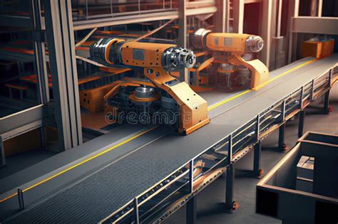 3d Rendering Robotic Machines With Conveyor Line Stock Illustration Illustration Of Industry
