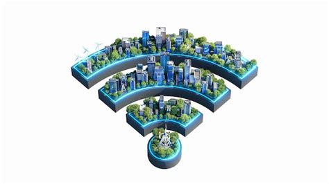 스마트 시티 테크 로고 와이파이 하우스 스마트 시티와 사물 Iot 3d 렌더링의 인터넷 프리미엄 사진
