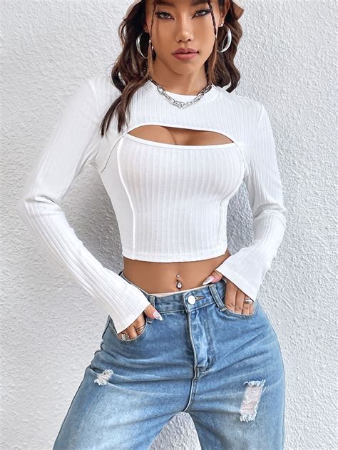 Cut Out Front Crop Tee Trendy White Cutoff Tops Casual Blue Ripped