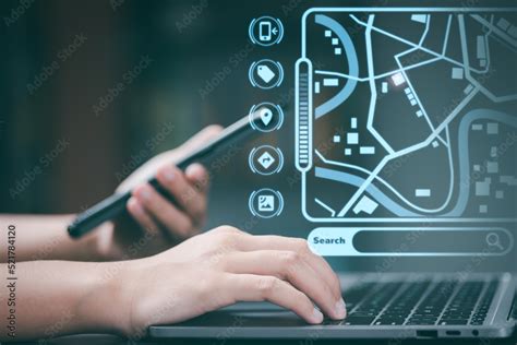 Girl Using Online Map Technology To Find The Location And Location Via Laptop Destination