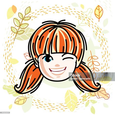 벡터 일러스트 레이 션 아름 다운 빨간 머리 행복 한 여자의 얼굴 긍정적인 얼굴 특징 윙크 하는 십 대 가 테마 클립 아트입니다 가을에 대한 스톡 벡터 아트 및 기타 이미지