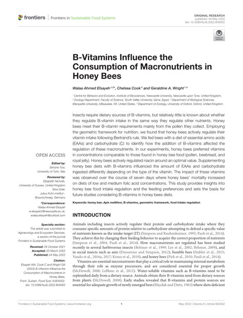 Pdf B Vitamins Influence The Consumption Of Macronutrients In Honey Bees