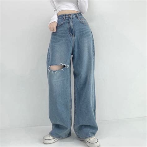 자스민벨 힙~체형보정 샤인블루 레트로 브러쉬 워싱 빈티지 트임 하이웨스트 롱 와이드 팬츠