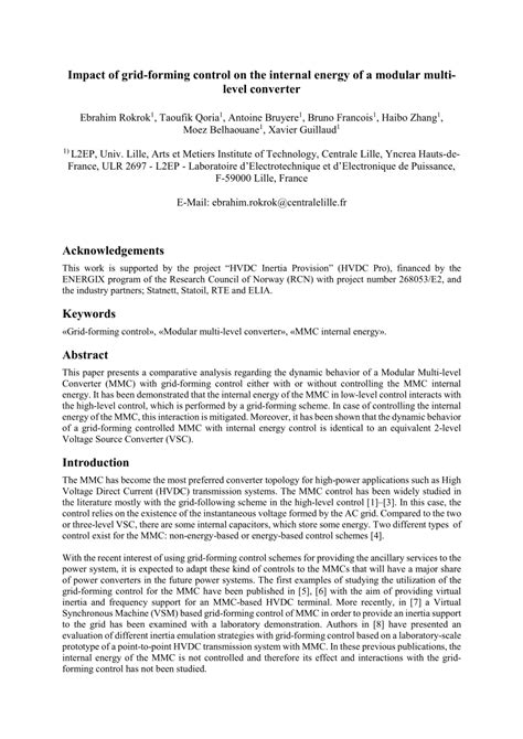 PDF Impact Of Grid Forming Control On The Internal Energy Of A Modular Multi Level Converter