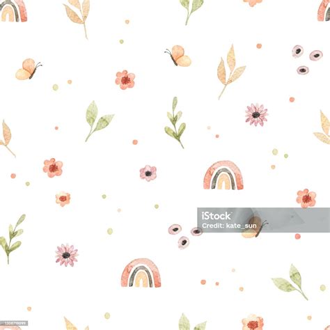 드 힐드렌의 수채화 매끄러운 패턴 꽃과 화려한 물방울 무늬 배경 꽃 무지개 원과 나비의 디자인 직물 직물 포장지 린넨 벽지 등에 적합 0명에 대한 스톡 벡터 아트 및 기타