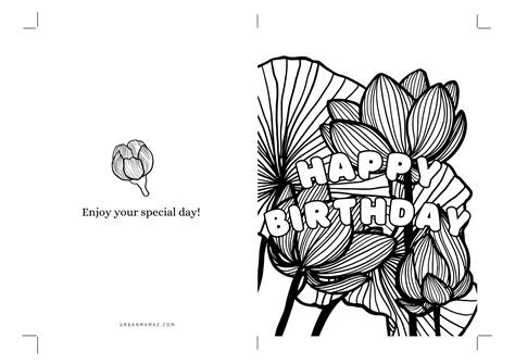 Floral Happy Birthday Free Printable Coloring Birthday Card With