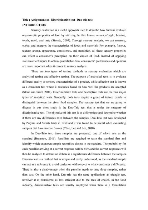Discriminative Test Duo Trio Test Udaf2124 Sensory Evaluation Utar Thinkswap