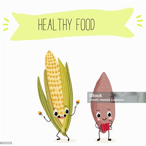 옥수수 개암 나무 열매 마스코트 옥수수 옥수수 속대 고구마 참마 재미있는 캐릭터 재미 있고 건강한 음식 비타민 귀여운 얼굴 음식 재료 채식주의 벡터 만화 산화 방지제