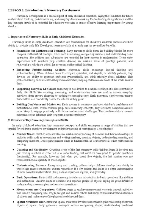 Eced 216 Lecture Notes From Numeracy Development Lesson 1