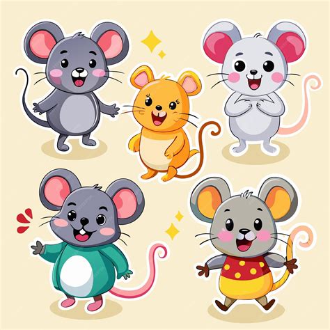 Cuatro Ratones De Dibujos Animados Lindos En Varias Posturas Y Colores