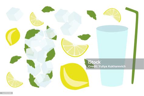 신선한 레모네이드 재료 플랫 세트 레몬 또는 라임 얼음 짚 육즙이 많은 음료를위한 민트 벡터 그림입니다 건강한 칵테일을위한 과일 레시피 스티커 포스터 비치 바 로고를 위한
