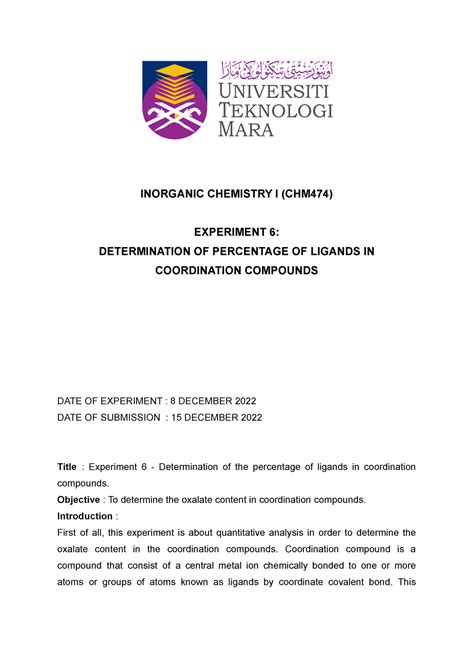 Lab Report Exp 6 INORGANIC CHEMISTRY I CHM474 EXPERIMENT 6 DETERMINATION OF PERCENTAGE OF