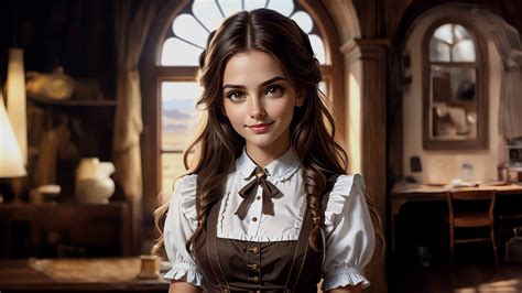 Девушка шатенка в костюме горничной стоит в большой комнате · 1920x1080 Full Hd бесплатная