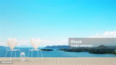호텔에는 테라스에의 자 또는 콘도 바다 보기지역 섬 전망 바다 전망발렌타인3d에 대 한 간단한 디자인 작품 생활에 두 개의 심장 렌더링 0명에 대한 스톡 사진 및 기타