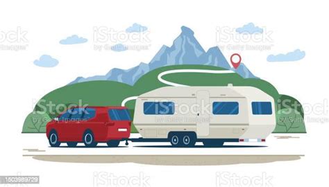 시골 풍경을 배경으로 길을 따라 캠핑카 트레일러를 견인하는 미니밴 벡터에 대한 스톡 벡터 아트 및 기타 이미지 벡터 캠핑카 모험 Istock