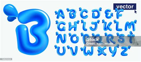 파랗고 맑은 물과 이슬 방울로 만든 알파벳 세트 3d 현실적인 플라스틱 만화 풍선 스타일입니다 광택 벡터 그림입니다 컴퓨터 글자에 대한 스톡 벡터 아트 및 기타 이미지
