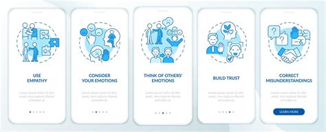 Increasing Emotional Intelligence Blue Onboarding Mobile App Screen Walkthrough 5 Steps Graphic