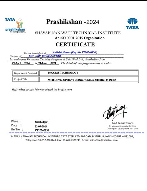 Im Pleased To Share That I Successfully Completed A Vocational Training Program At Tata Steel