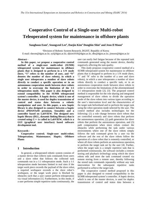 Pdf Cooperative Control Of A Single User Multi Robot Teleoperated