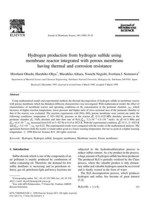 Pdf Hydrogen Production From Hydrogen Sulfide Using Membrane Reactor Integrated With Porous