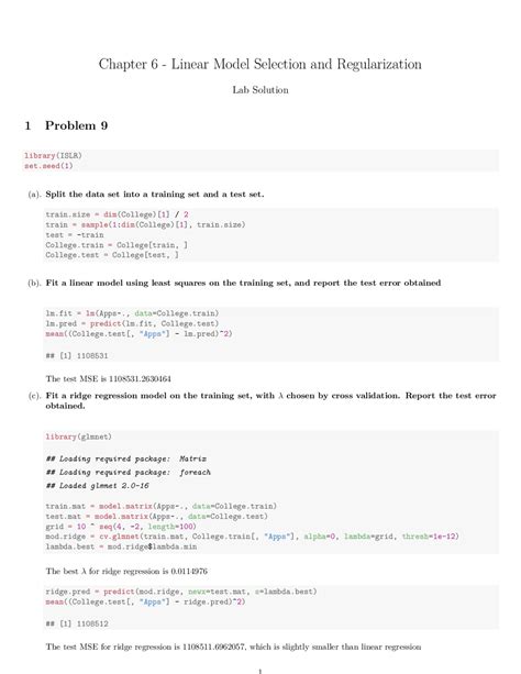 Islr Chapter 6 Linear Model Selection And Regularization Lab Manual