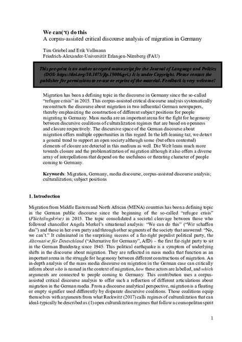 Pdf We Can T Do This A Corpus Assisted Critical Discourse Analysis Of Migration In Germany