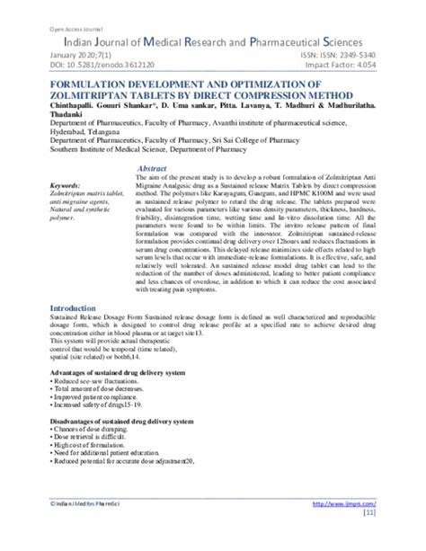 Pdf Formulation Development And Optimization Of Zolmitriptan Tablets By Direct Compression Method