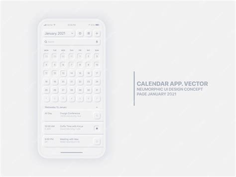 캘린더 앱 페이지 2021 년 1 월 할 일 목록 및 작업 개념 Ui Ux Neumorphic Design Mockup