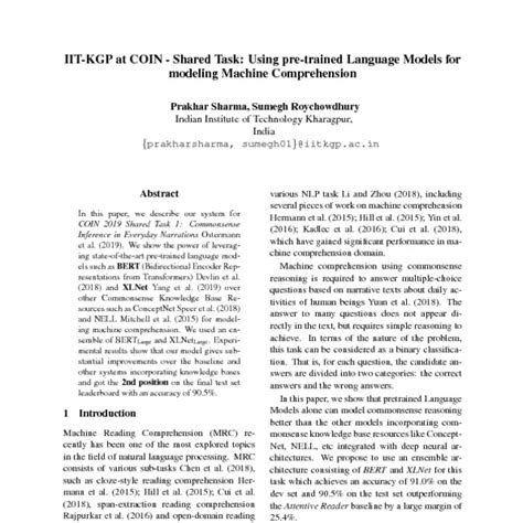 Iit Kgp At Coin 2019 Using Pre Trained Language Models For Modeling Machine Comprehension Acl