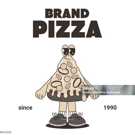 복고풍 빈티지 만화 로고 와 캐릭터 피자 와 사이키델릭한 미소와 감정을 가진 귀여운 마스코트 모노크롬 팔레트 Groovy 스타일의 펑키 벡터 일러스트 레이 션 0명에 대한