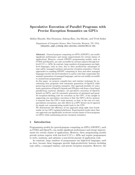 Pdf Speculative Execution Of Parallel Programs With Precise Exception Semantics On Gpus