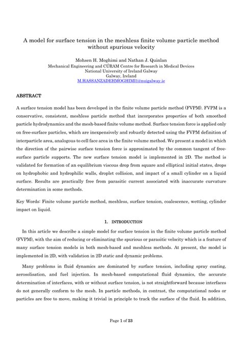 pdf a model for surface tension in the meshless finite volume