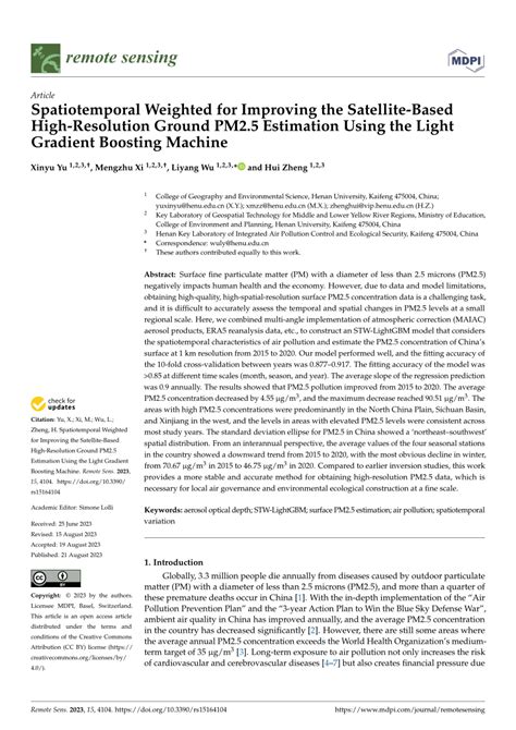 Pdf Spatiotemporal Weighted For Improving The Satellite Based High Resolution Ground Pm2 5