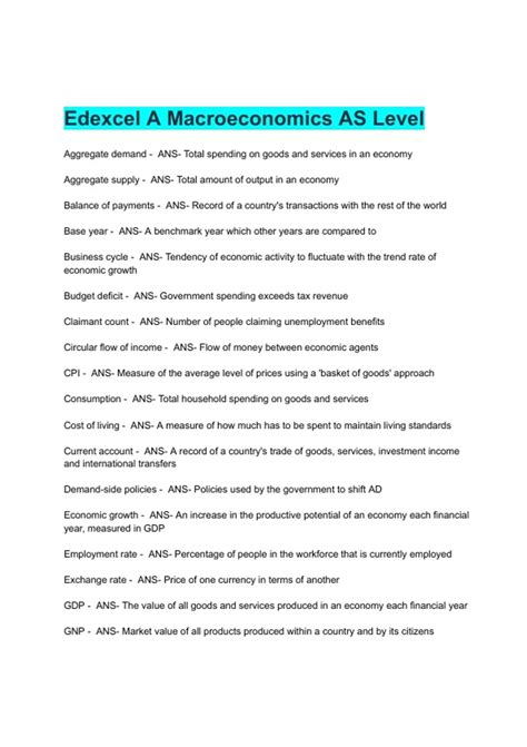 Edexcel A Macroeconomics As Level Exam Questions With Correct Answers 2025 A Graded 100