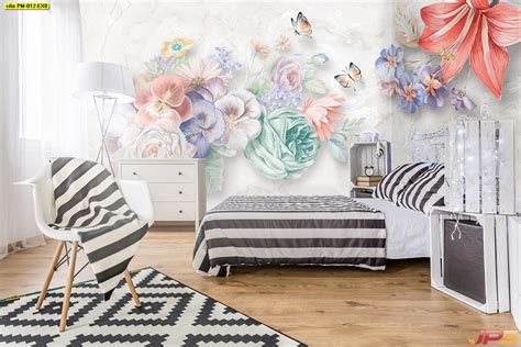 วอลเปเปอร์กราฟิก3d ลายภาพวาดดอกไม้หลายสี3มิติ ติดผนังห้องนอน