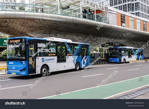 Jakarta Indonesia January 2025 Transjakarta Electric Bus Passes Stock