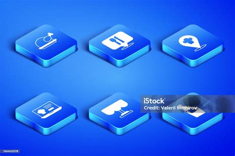 얼음 양동이에 샴페인을 놓고 구운 칠면조 또는 닭고기 나무 테이블 온라인 주문 및 배달 카페 레스토랑 위치 및 아이콘이 있는 요리사 모자 벡터 3차원 형태에 대한 스톡 벡터