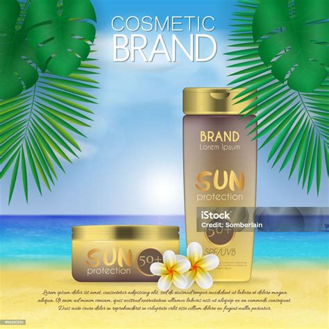 이국적인 야자수와 해변 배경에 여름 선크림 화장품 디자인 서식 파일 나뭇잎 3d 현실 태양 보호와 제품 광고입니다 3차원 형태에 대한 스톡 벡터 아트 및 기타 이미지