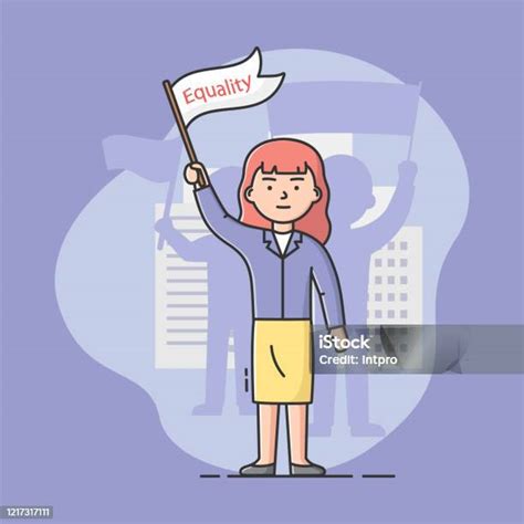 대량 항의 행동의 개념 양성 평등 불만족한 젊은 여성 파업 그녀의 권리를 방어 평등 표지판이 있는 항의 배너를 들고 있는 소녀 만화 선형 윤곽선 평면 벡터 일러스트