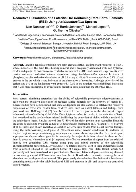Pdf Reductive Dissolution Of A Lateritic Ore Containing Rare Earth Elements Ree Using
